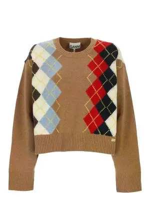 GANNI Argyle-knit Crew-neck Sweater - Brown