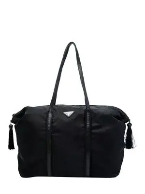 Prada Vitello Trimmed Tessuto Tote Bag - Black