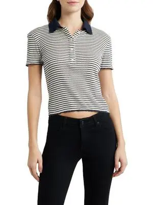 FRAME Stripe Crop Pointelle Polo - Navy Multi