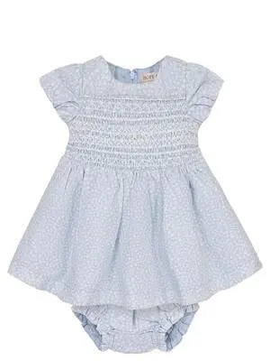 HOPE & HENRY Linen Smocked Puff Sleeve Dress - Blue Chateau Ditsy