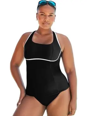 SWIMSUITS FOR ALL Chlorine Resistant Square Neck Tankini Top - Black White