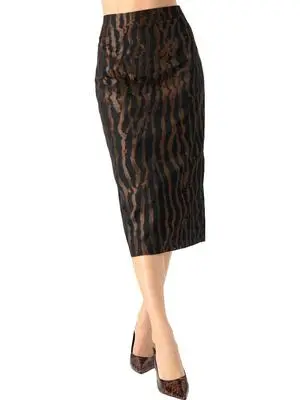 IVONNE Animal Print Midi Skirt With Back Slit - Black