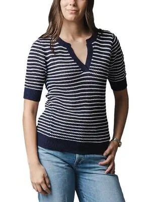 HOPE & HENRY Organic Cotton V-neck Sweater - Navy And White