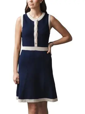 HOPE & HENRY Organic Sleeveless Button Front Sweater Dress - Navy Tweed