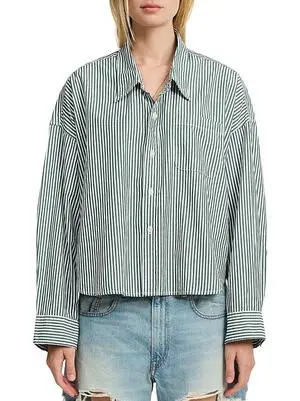 Denimist Cropped Cotton Shirt - Green Stripe