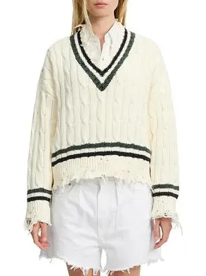 Denimist Oversized Cropped Cable Knit Tennis Sweater - Cream White Black Green