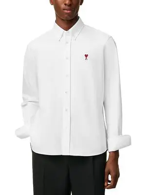 Ami Classic Long Sleeve Shirt Button Down Collar With Embroidered Adc - Natural White