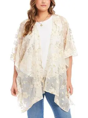 Karen Kane Floral Embroidered Open Front Jacket - Off White