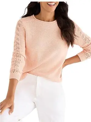 NIC+ZOE Crochet Sleeve Crimpy Cord Sweater - Orange Sherbert