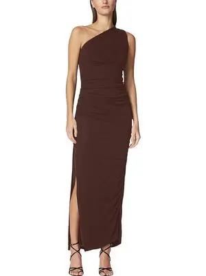 Herve Leger One-shoulder Ruched Jersey Midi Dress - Coffee
