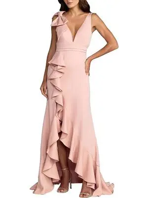 Mac Duggal Crepe Sleeveless Gown With Statement Bow And Ruffled Slit - Blush