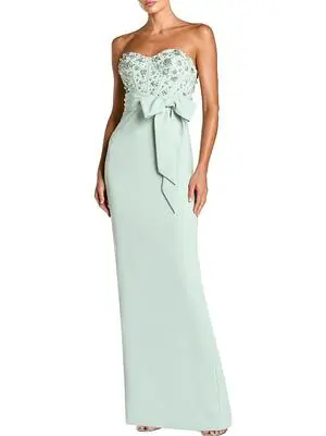 Mac Duggal Crepe Embellished Bustier Strapless Gown With Bow - Sage