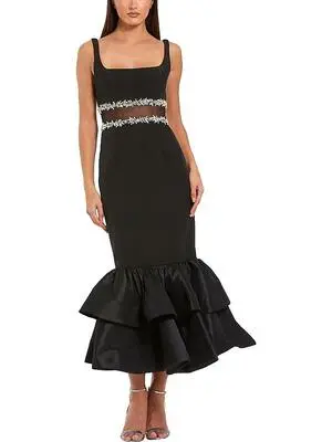 Mac Duggal Petite Crepe Midi Dress With Jewel Detail And Ruffle Hem - Black