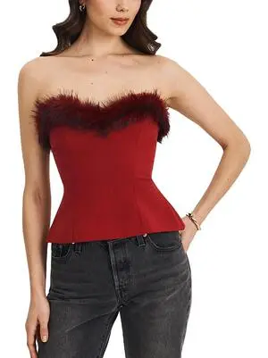 MISS CIRCLE Faux Fur-trimmed Peplum Top - Crimson