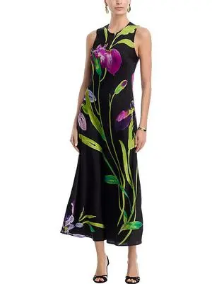 Aqua Floral Satin Midi Dress - Black Multi