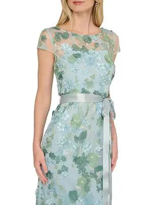 Adrianna Papell Embroidered Belted Gown - Sage