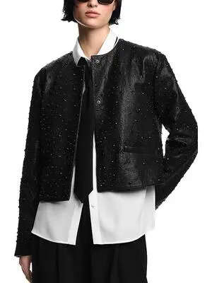 Emporio Armani Embellished Leather Jacket - Solid Black
