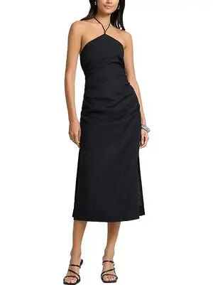 Onia Air Linen Ruched Halter Midi Dress - Black