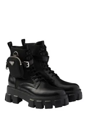 Prada Monolith Leather And Re-nylon Combat Boots With Pouch - Black