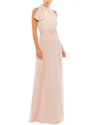 Mac Duggal High Neck Chiffon Gown With Bow Detail - Blush