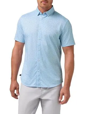 Mizzen+main Halyard Print Short Sleeve Performance Button-up Shirt - Cloud Blue Circle Dash