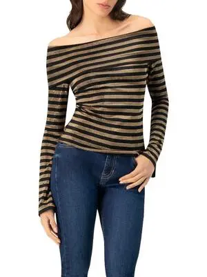 IVONNE Bardot Neckline Striped Long Sleeve Blouse - Black