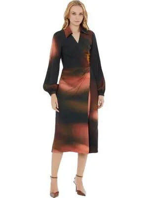 GIZIA V-neck Wrap Midi Dress - Brown