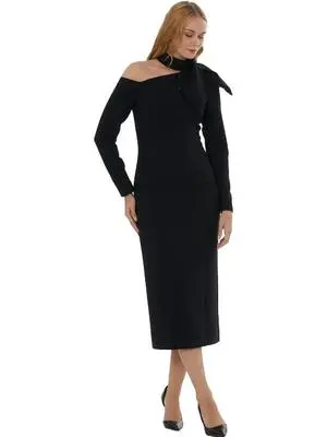 GIZIA Embroidered Midi Dress With Zip Detail - Black