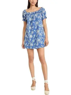 THE GOOD JOURNEY Embroidered Off-the-shoulder Mini Dress - Denim/ Cream