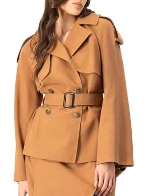 IVONNE Double-breasted Short Trench Coat - Brown