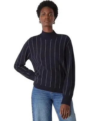 Whistles Stripe Wool Funnel Neck Knit Sweater - Navy