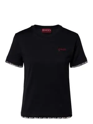 Gucci Embroidered Lace-trimmed Cotton Jersey T-shirt - Black