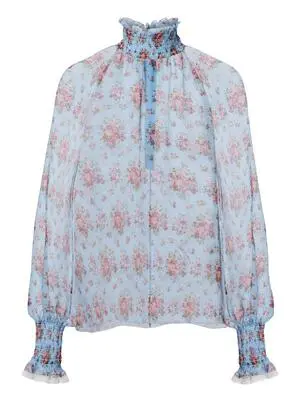 Dolce & Gabbana Floral Ruffled Silk And Cotton Blouse - Blue