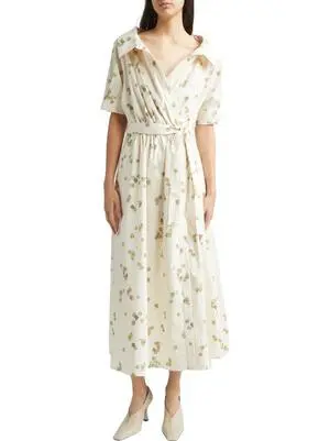 Altuzarra Lydia Stretch Cotton Poplin Wrap Shirtdress - 416102 Ivory Allover Petals