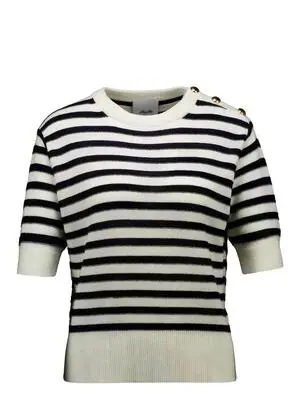 ALLUDE Striped Short-sleeve Sweater - White