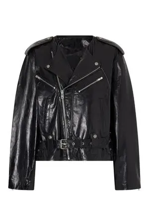 R13 Belted Embellished Leather Biker Jacket - Black