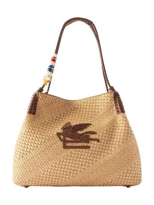Etro Leather-Trimmed Straw Tote Tan