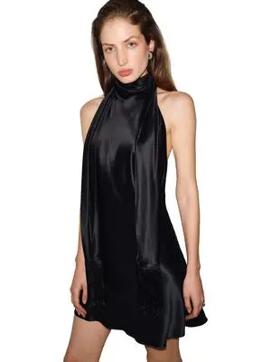 REFORMATION Silk Dress With Fringe Scarf - Black