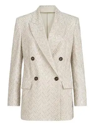 Brunello Cucinelli Chevron Embroidered Linen Blazer - Beige