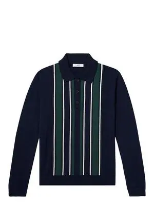 Mr P. Golf Striped Merino Wool Polo Shirt - Navy
