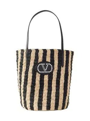 VALENTINO VLogo Signature Small Leather-trimmed Striped Raffia Bucket Bag