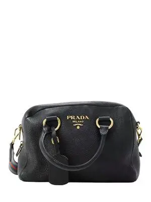 Prada Striped Strap Convertible Bauletto Bag Vitello Phenix Medium - Black