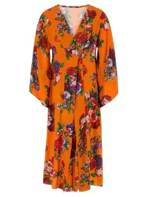 Moschino Floral-print V-neck Midi Dress - Orange