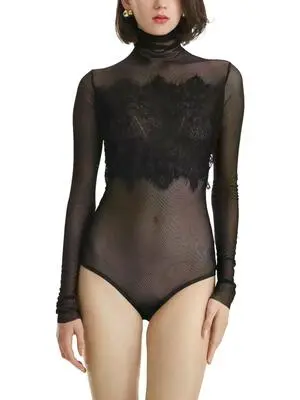 2310 STUDIO Lace-panel Mesh Bodysuit - Black