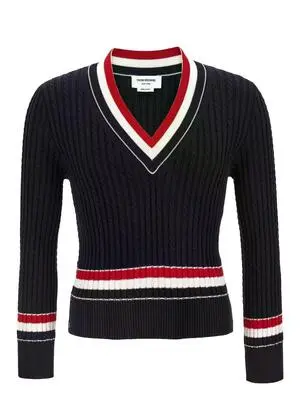Thom Browne Braid Tape V-neck Cotton Sweater - Blue
