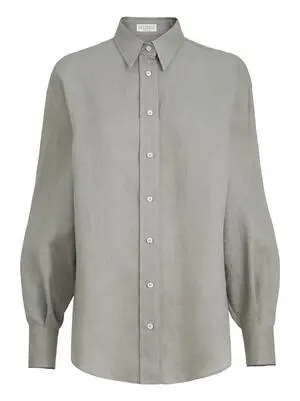 Brunello Cucinelli Linen Button Down Shirt With Monili Detail - Khaki