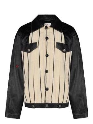 PCFG Silk & Linen Blend Striped Vegan Leather Jacket - Grey