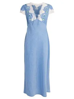 Rixo Embroidered Amari Bud Midi Dress - Blue
