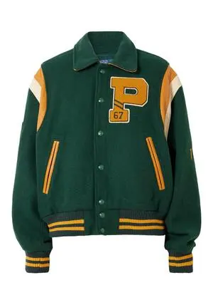 Polo Ralph Lauren Appliquéd Striped Leather-trimmed Wool-blend Varsity Jacket - Green