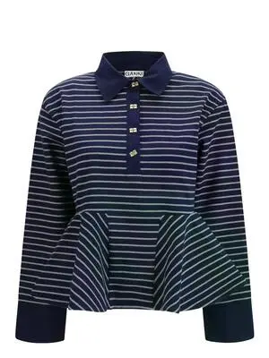 GANNI Striped Peplum Polo - Blue